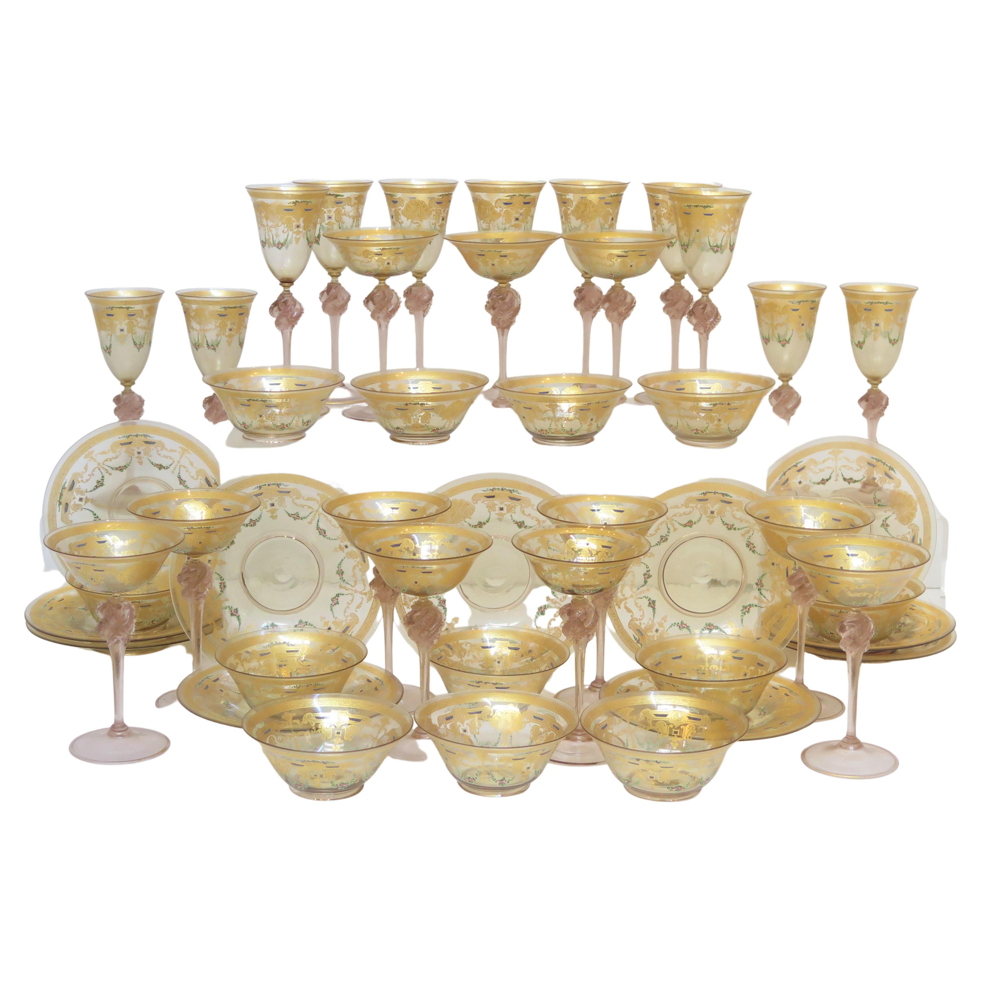 45 Group of Venetian Murano Glass Stemware with Gilt and Hand-Painted ...