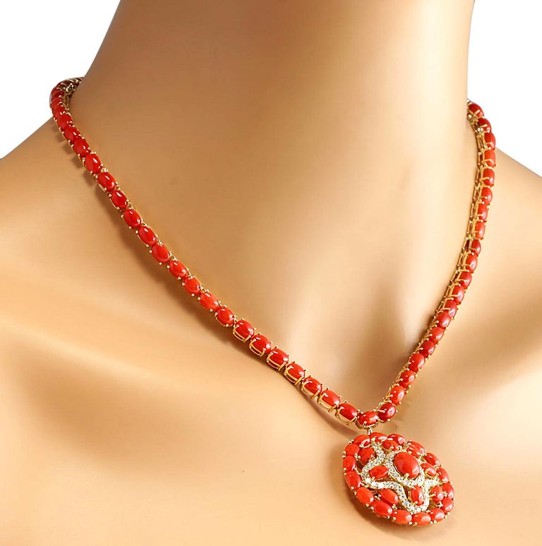 45 00 Carat Coral 18 Karat Yellow Gold Diamond Necklace For Sale At 1stdibs