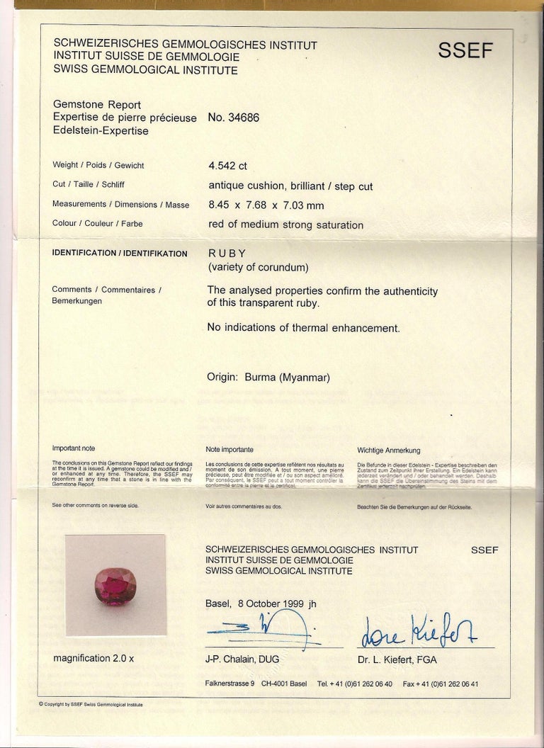 NEW SSEF* 4.542CT Pigeon Red Unheated Burma Mogok Ruby Diamond Ring in ...