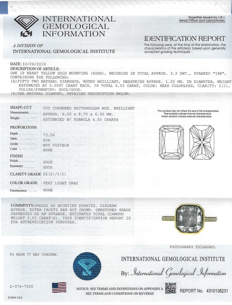 4.55 Carat Very Light Gray Radiant Cut Diamond 18K Yellow Gold ...