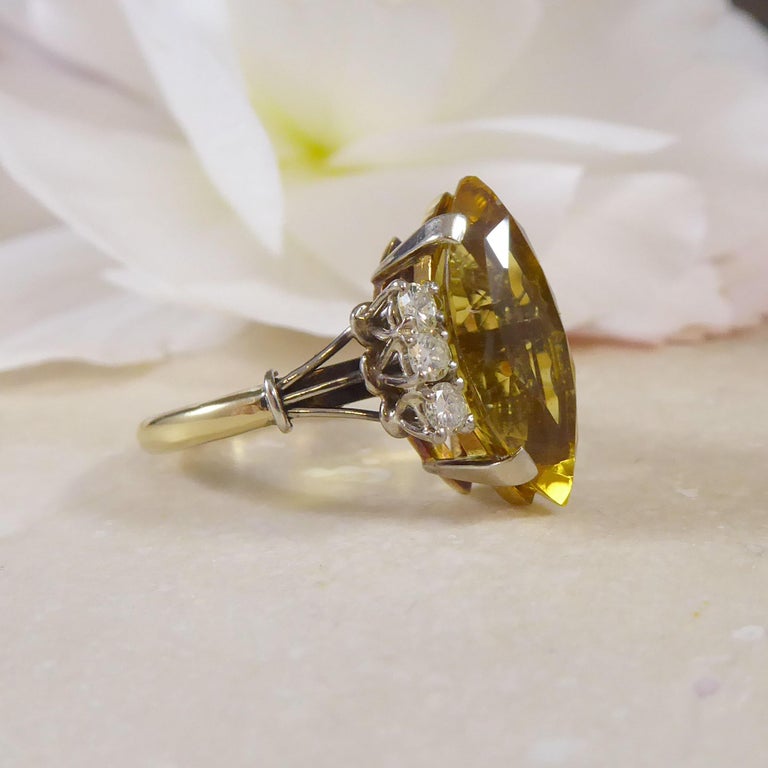 4.56 Carat Heliodor Ring, Marquise Cut with Side Diamonds and Split ...