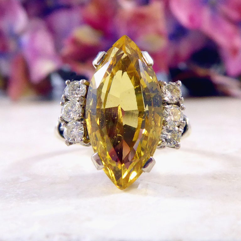 4.56 Carat Heliodor Ring, Marquise Cut with Side Diamonds and Split ...