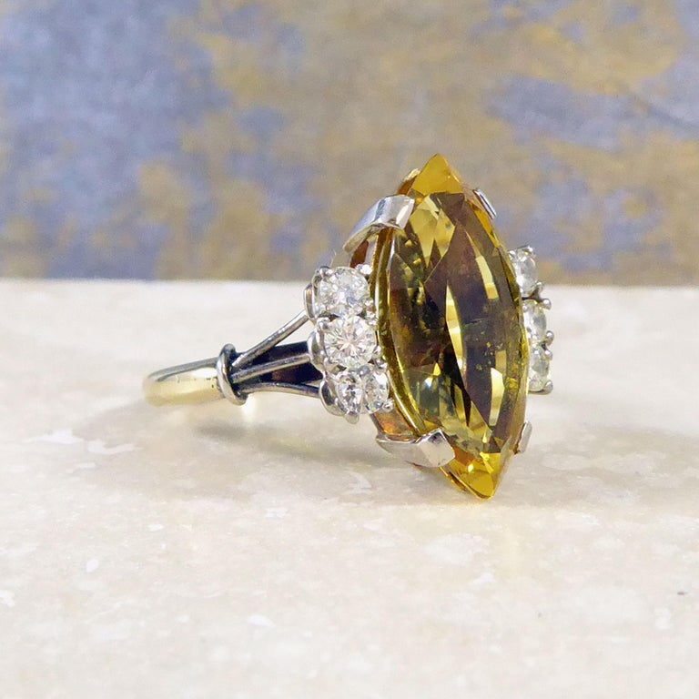 4.56 Carat Heliodor Ring, Marquise Cut with Side Diamonds and Split ...
