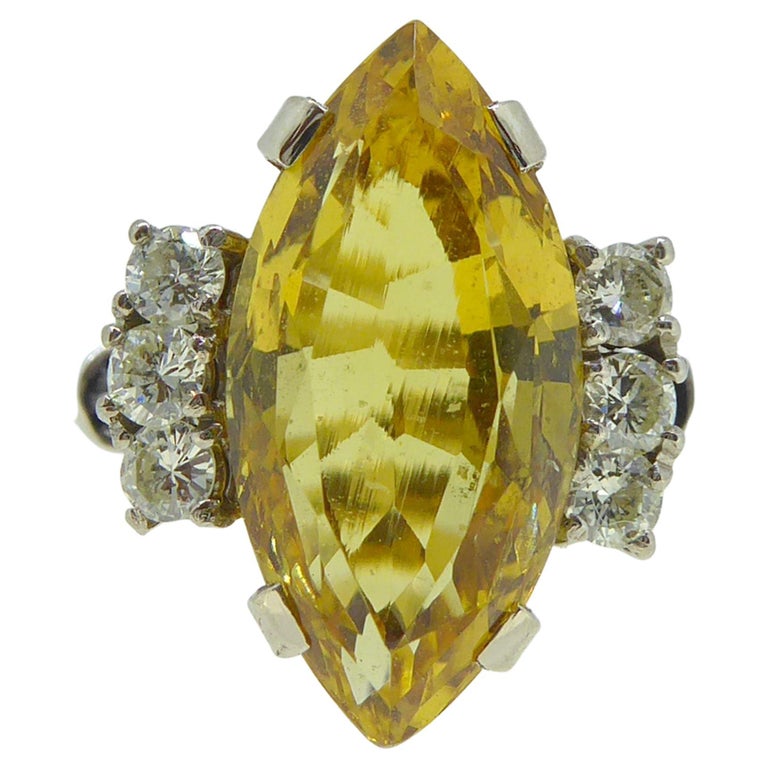 4.56 Carat Heliodor Ring, Marquise Cut with Side Diamonds and Split ...
