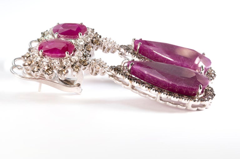 45.64 Carat African Ruby Brown and White Diamond Drop Earrings For Sale ...