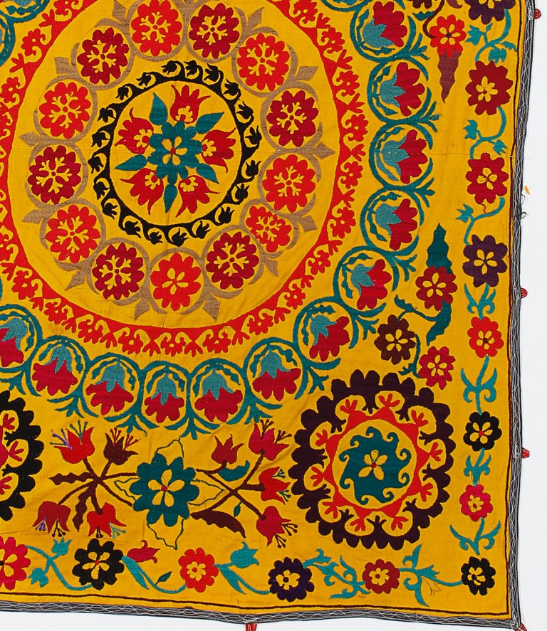 Handmade Silk Embroidery Vintage Wall Hanging. Yellow Suzani Bedspread ...