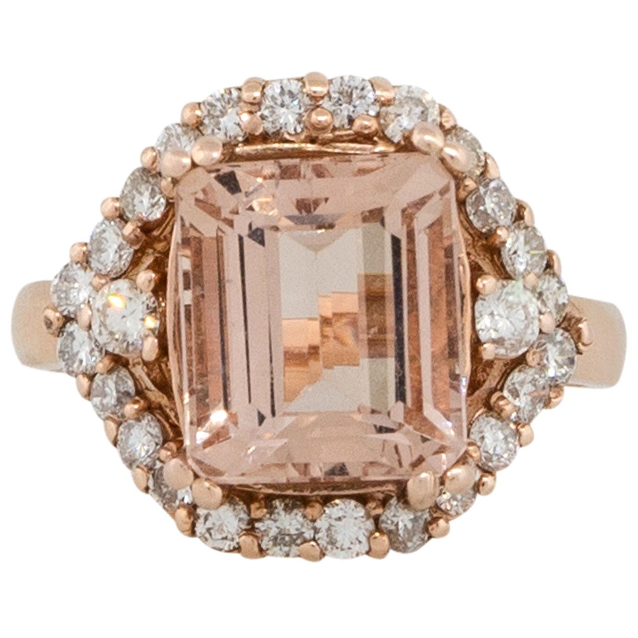 Attractive Emerald Cut Morganite and Baguette Cut Diamond Ring For Sale ...