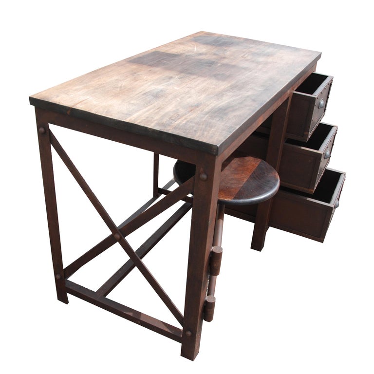 Industrial Desk with Attached Stool For Sale at 1stDibs