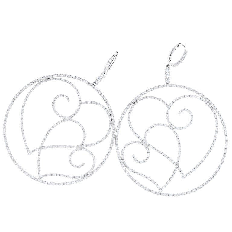 18 Karat White Gold Diamond Heart Hoop Earrings For Sale at 1stDibs