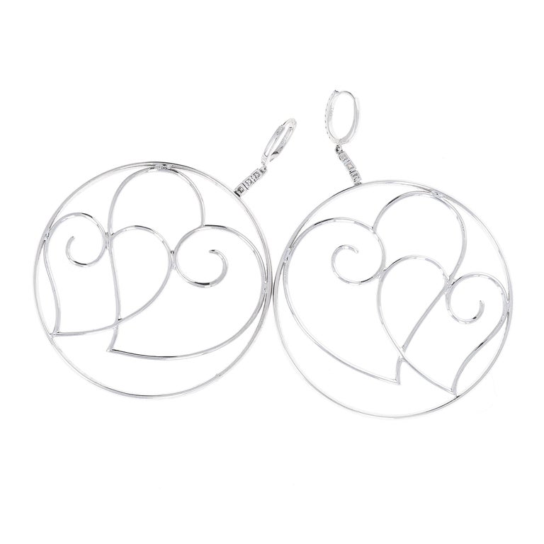 18 Karat White Gold Diamond Heart Hoop Earrings For Sale at 1stDibs