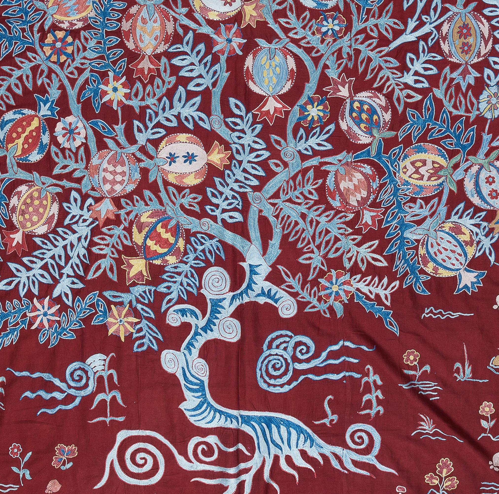 Silk Embroidery Wall Hanging in Maroon, Pomegranate Tree Design Throw ...