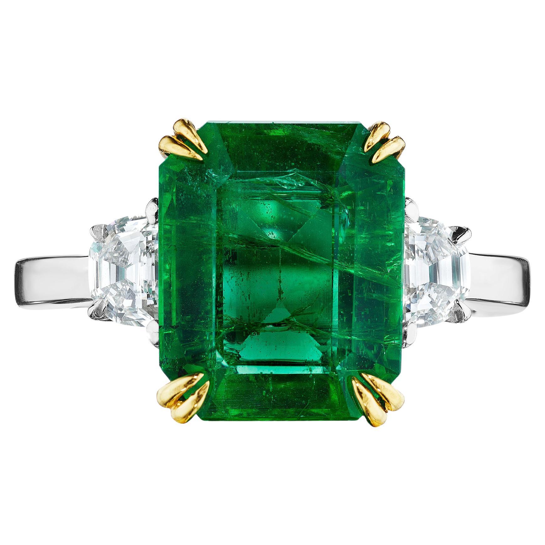 4.75ct Emerald Cut Zambian Emerald and Half Moon Diamond Ring For Sale ...