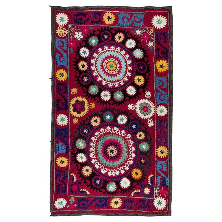 1970s Uzbek Silk Embroidery Wall Hanging, Red Suzani Fabric Bedspread ...