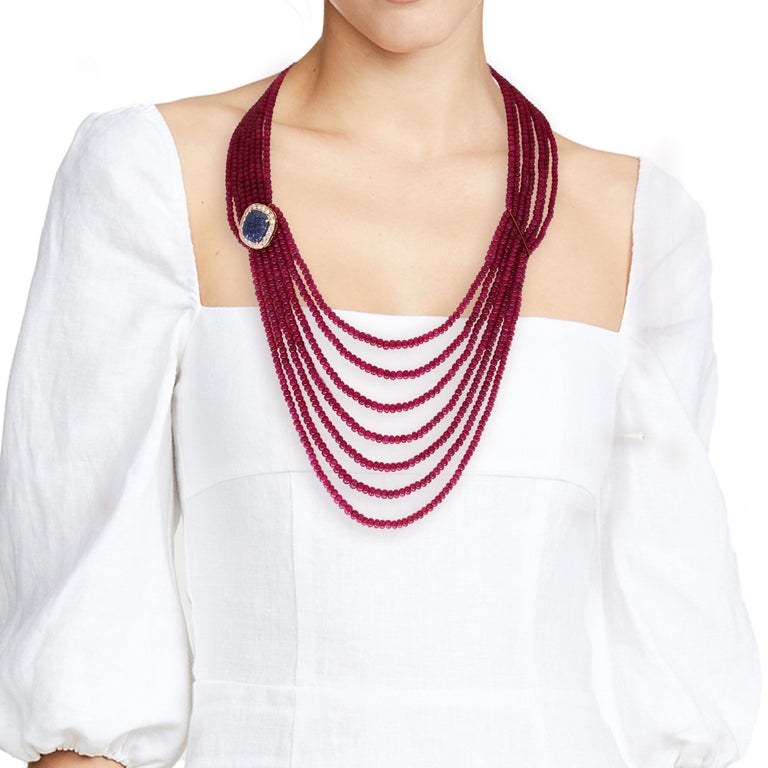 480 Ct 7 Layer Natural Smooth Ruby Bead Necklace 14k Gold Sapphire ...