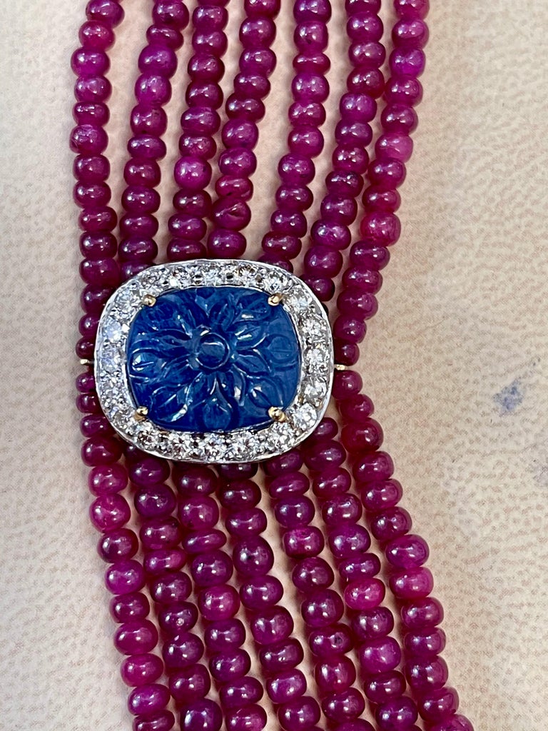 480 Ct 7 Layer Natural Smooth Ruby Bead Necklace 14k Gold Sapphire ...