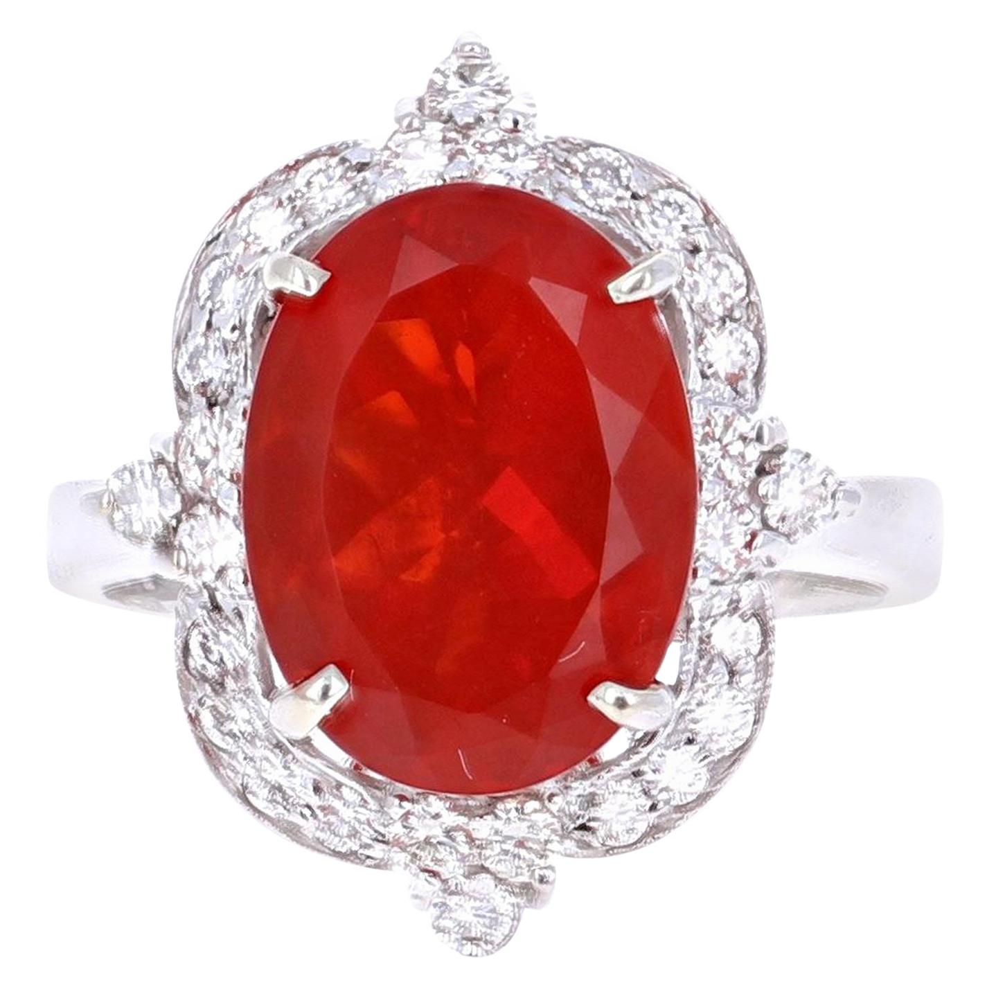 4.39 Carat Fire Opal Diamond 14 Karat White Gold Ring For Sale at 1stDibs