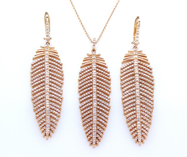 4.86 Carat Diamond Feather Dangle Pendent and Earring Set Rose Gold 14K ...