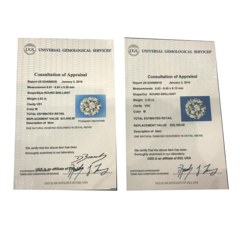 4.86 Carat Round Diamond Studs, EGL Certificate set in 18K White Gold ...