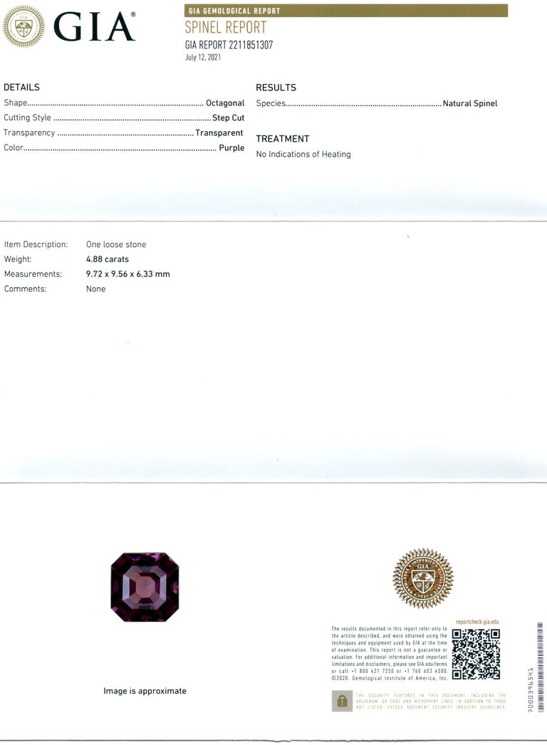 4.88ct Octagonal/Emerald Cut Grey Purple Spinel GIA Certified Unheated ...