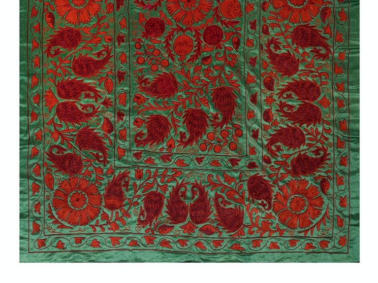 100% Silk Suzani Fabric Bedspread, 1970s Uzbek Embroidered Wall Hanging ...