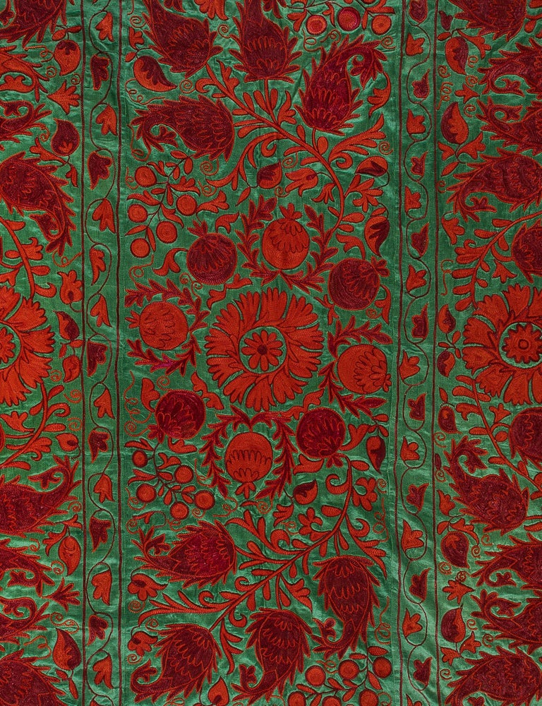 100% Silk Suzani Fabric Bedspread, 1970s Uzbek Embroidered Wall Hanging ...