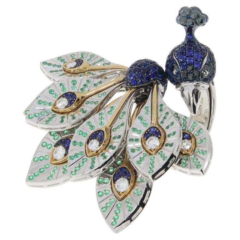 49.04gr Diamonds Sapphires Regal Peacock Cocktail Ring with Tszavorites ...