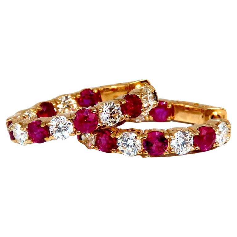 4.90ct Natural Ruby Diamonds Elongated Hoop Earrings 14kt Yellow Gold Inside Out For Sale at 1stDibs