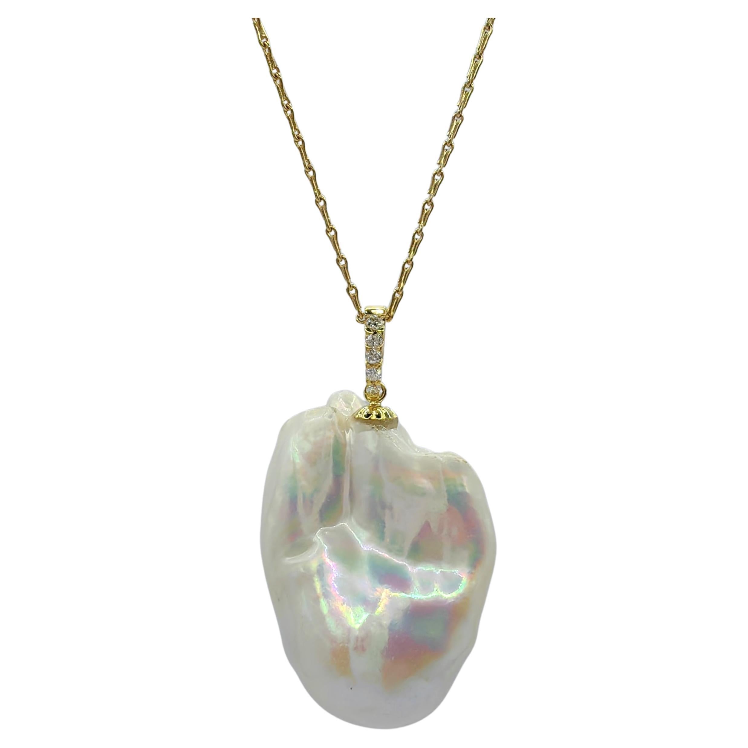 49.24ct Large Iridescent Baroque Pearl Diamond 18K Yellow Gold Necklace ...