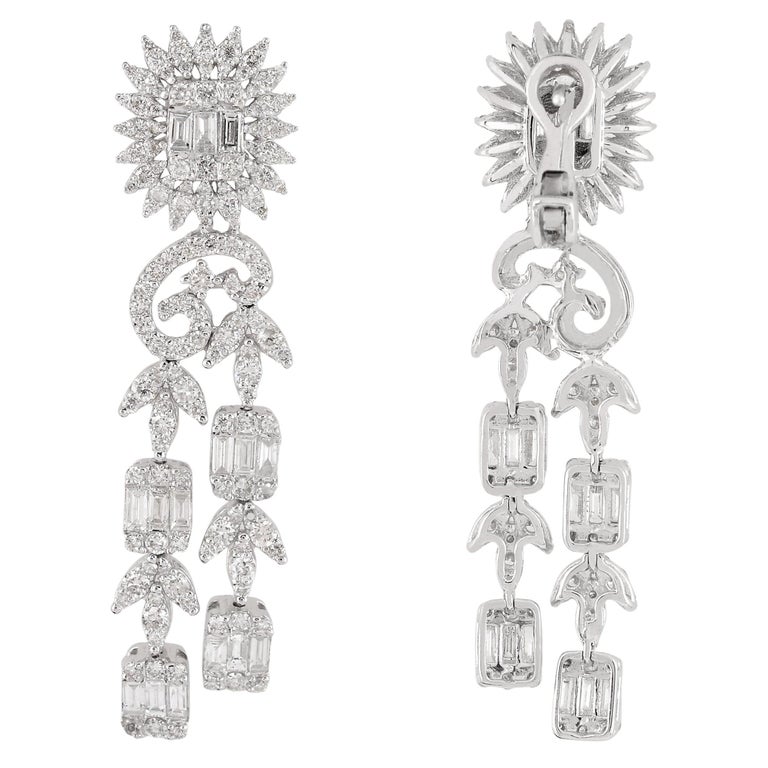 4.95 Carat Baguette Diamond Dangle Earrings 18 Karat White Gold Handmade Jewelry For Sale at 1stDibs