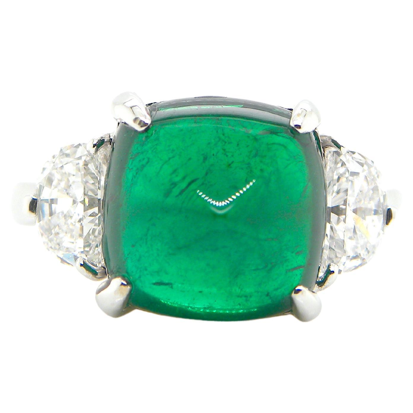9.43 Carat Sugarloaf Shape Emerald and Diamond Three-Stone Ring at ...