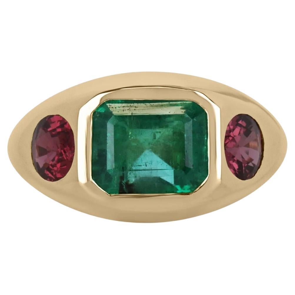 4.95tcw 18K 3 Stone Emerald Cut Emerald and Oval Reddish-Pink Sapphire ...