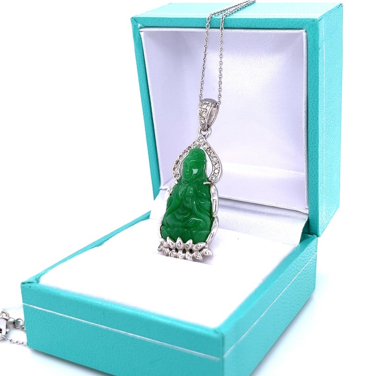 4CT Carved Buddha Jade and Round Diamond 14K Pendant with Cable Chain ...