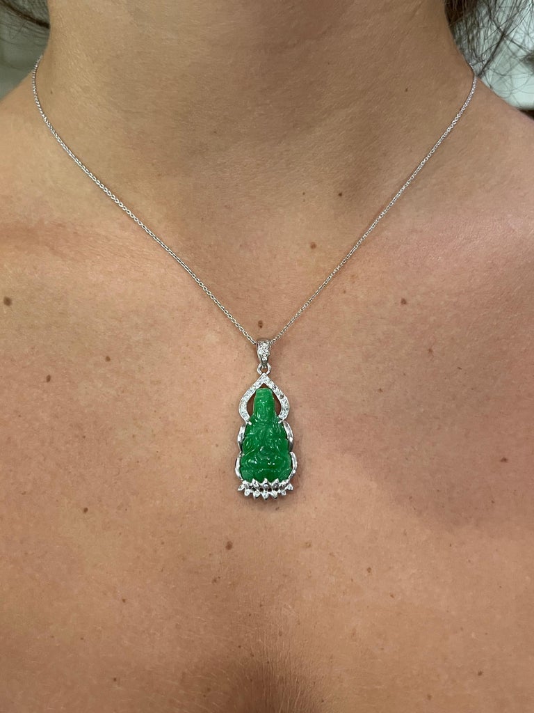 4CT Carved Buddha Jade and Round Diamond 14K Pendant with Cable Chain ...