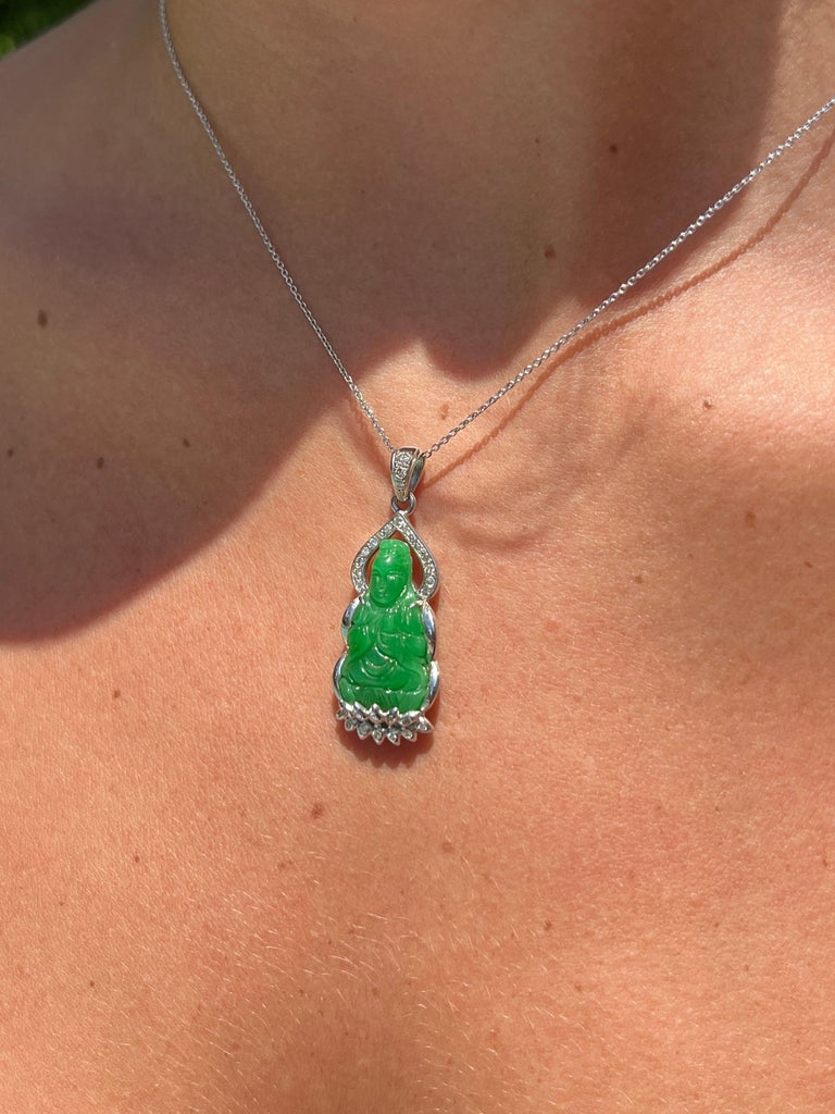 4CT Carved Buddha Jade and Round Diamond 14K Pendant with Cable Chain ...