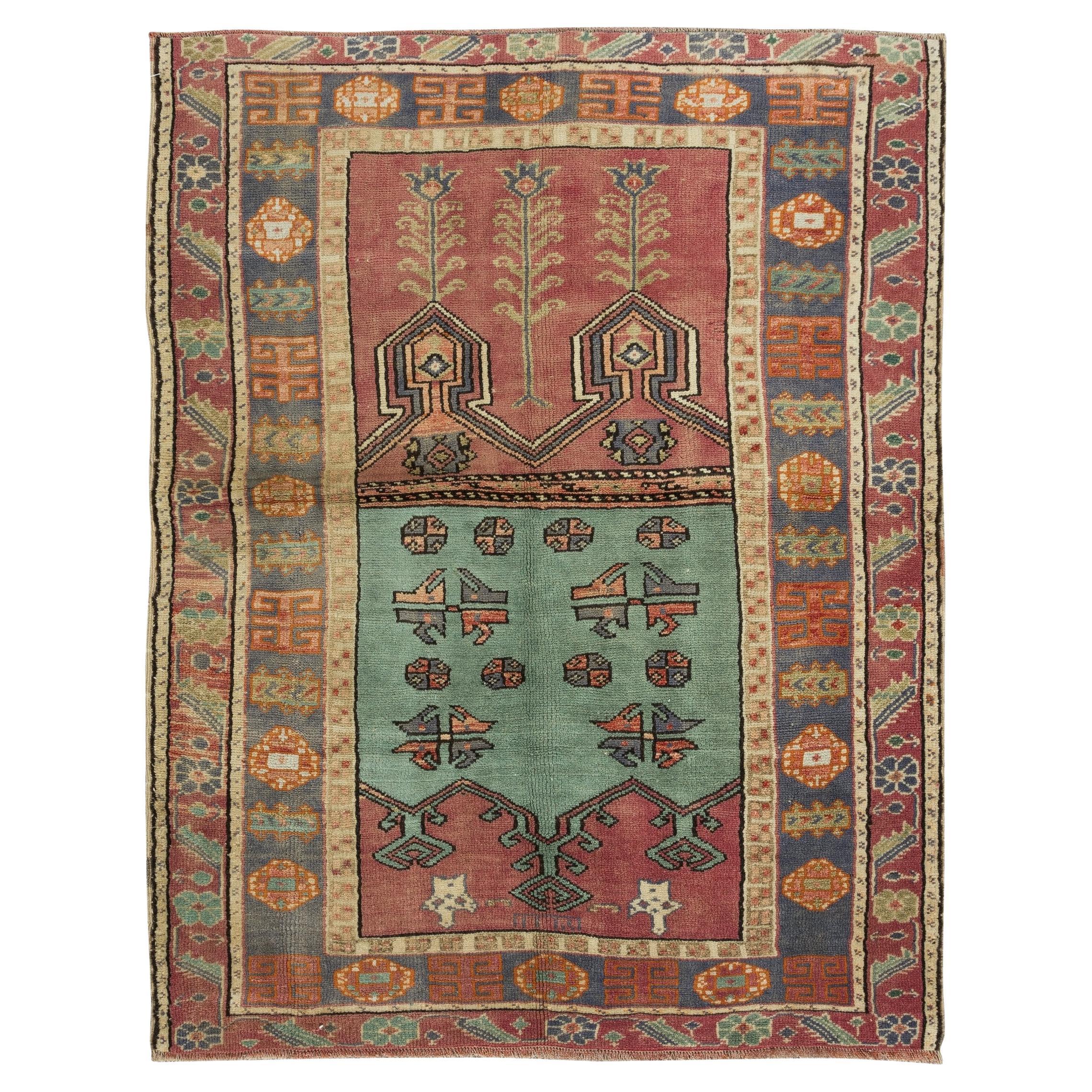 Handmade Floral Pattern Turkish Rug, Authentic Vintage Wool Carpet For ...