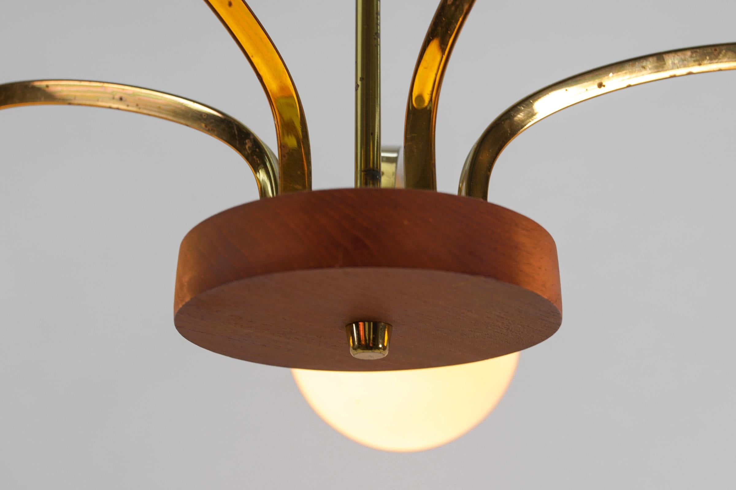 5-Arm Mid-Century Modern Orbit Lamp in Brass, Teak and Milk Glass ...