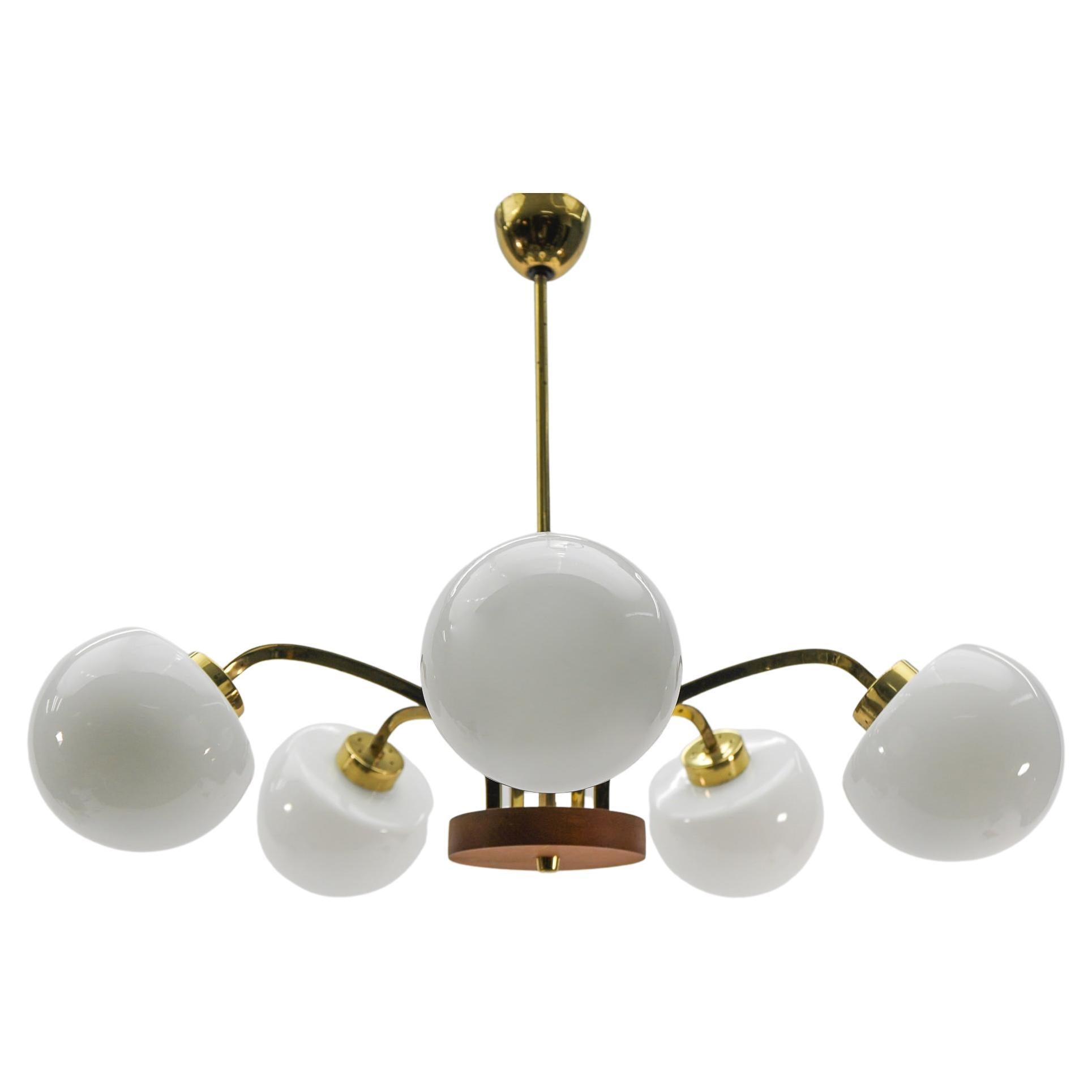 5-Arm Mid-Century Modern Orbit Lamp in Brass, Teak and Milk Glass ...