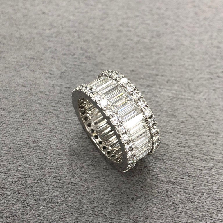 5 Carat Three Row Diamond Baguette Round Band Platinum Ring For Sale at ...