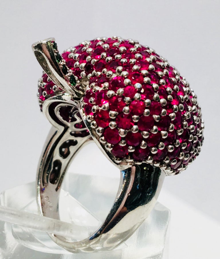 Unique Apple Motif Ruby, Diamond and Emerald 18 Karat White Gold ...