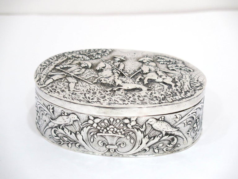 European Silver Antique German Boar Hunting Scene Oval Box For Sale at ...