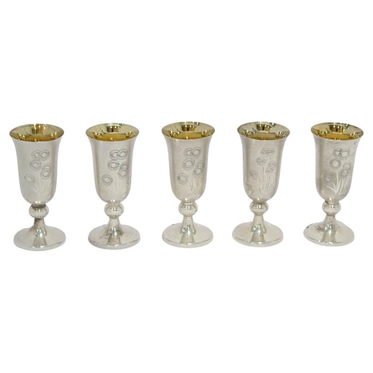 5 pc 3 3/8" 916 Silver Gilt Inside Vintage Russian Floral Vodka Shot ...