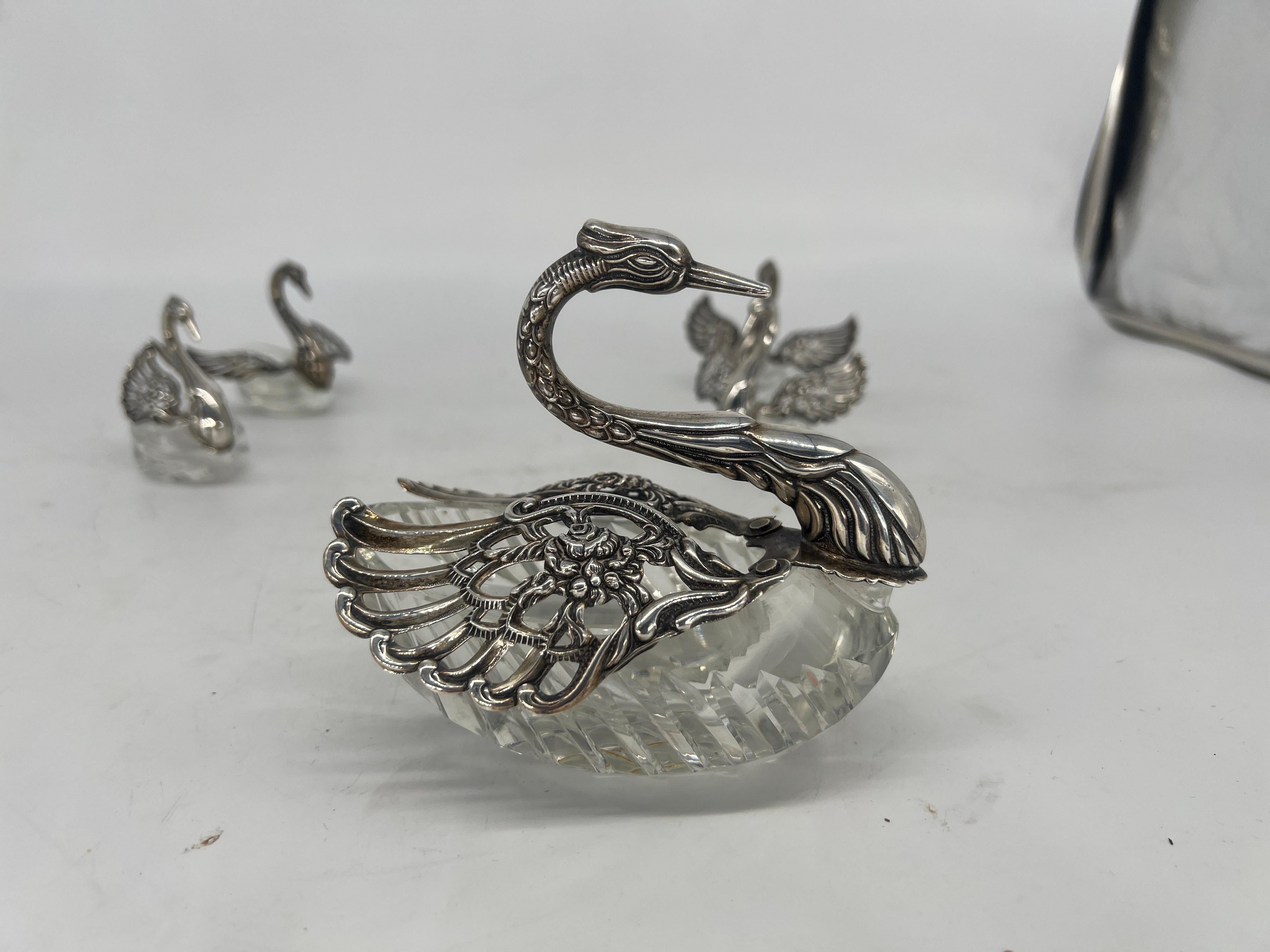 5 Pc, Collection of Silver Mounted Crystal Swan Form Salt Cellars For ...