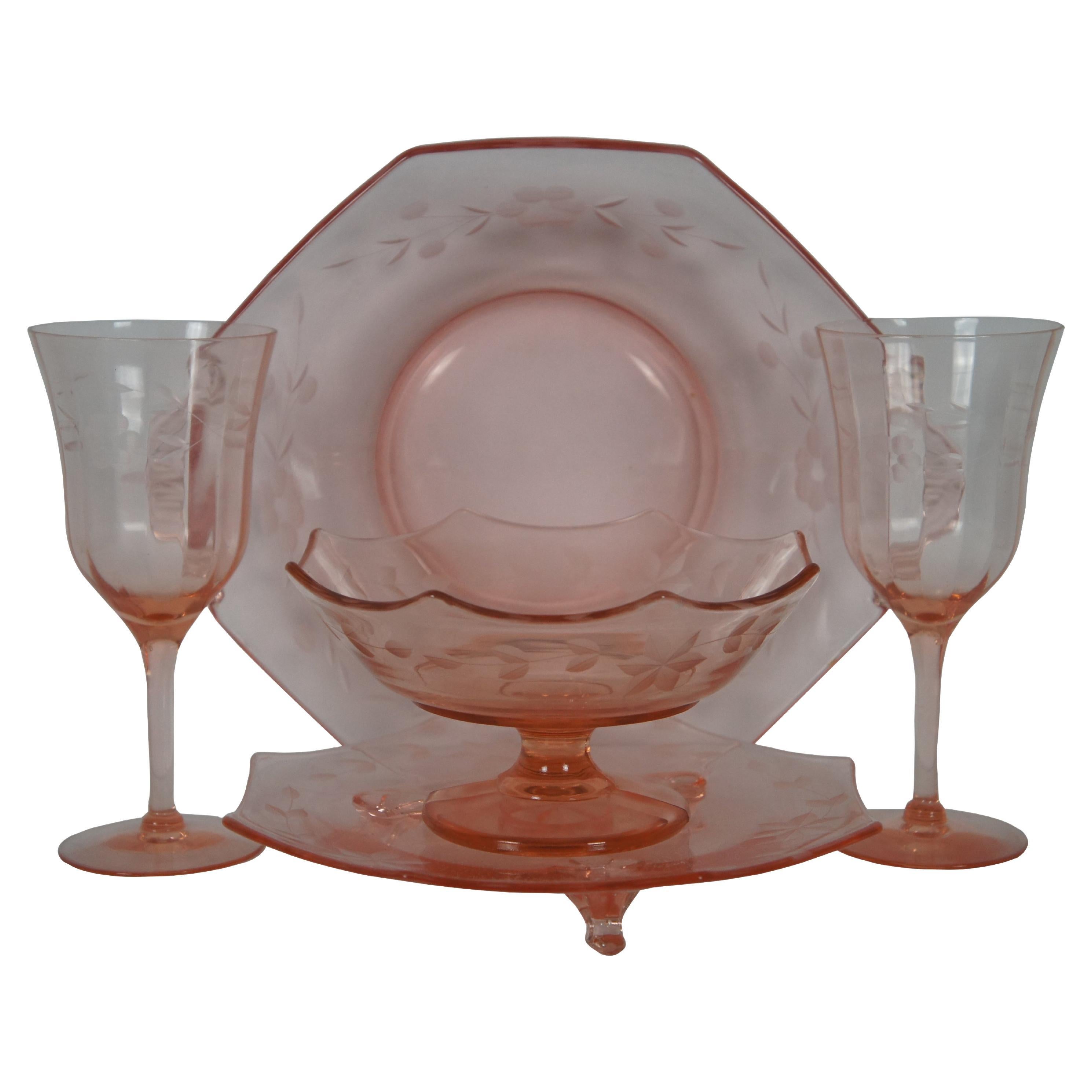 5 Pcs Antique Pink Floral Etched Depression Glass Goblet Compote Tray ...