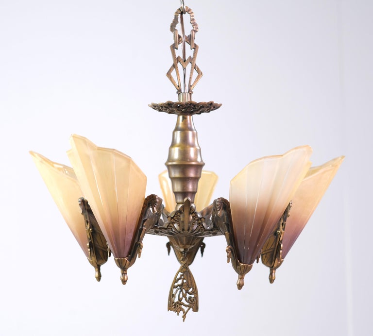 5 Slip Shade Art Deco Bronze Chandelier W/ Floral Motif For Sale at 1stDibs