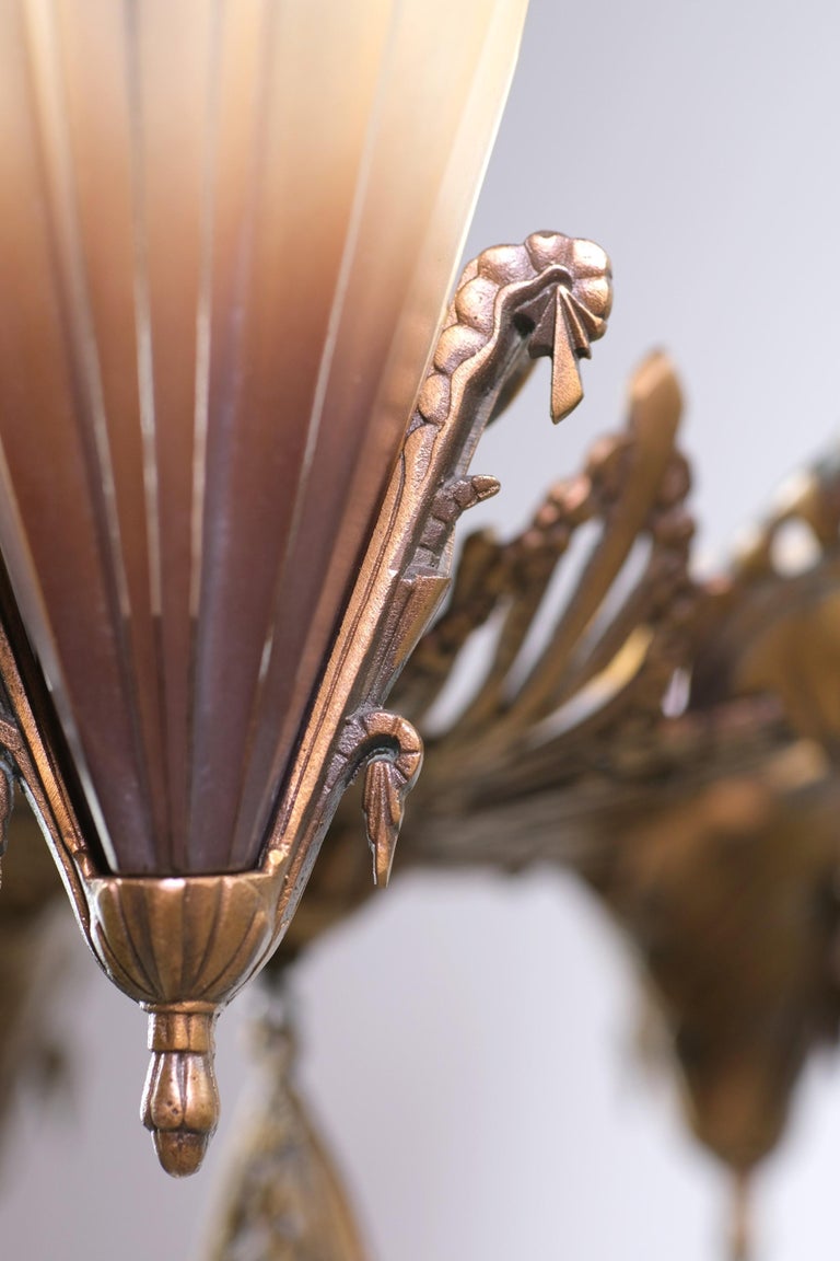 5 Slip Shade Art Deco Bronze Chandelier W/ Floral Motif For Sale at 1stDibs