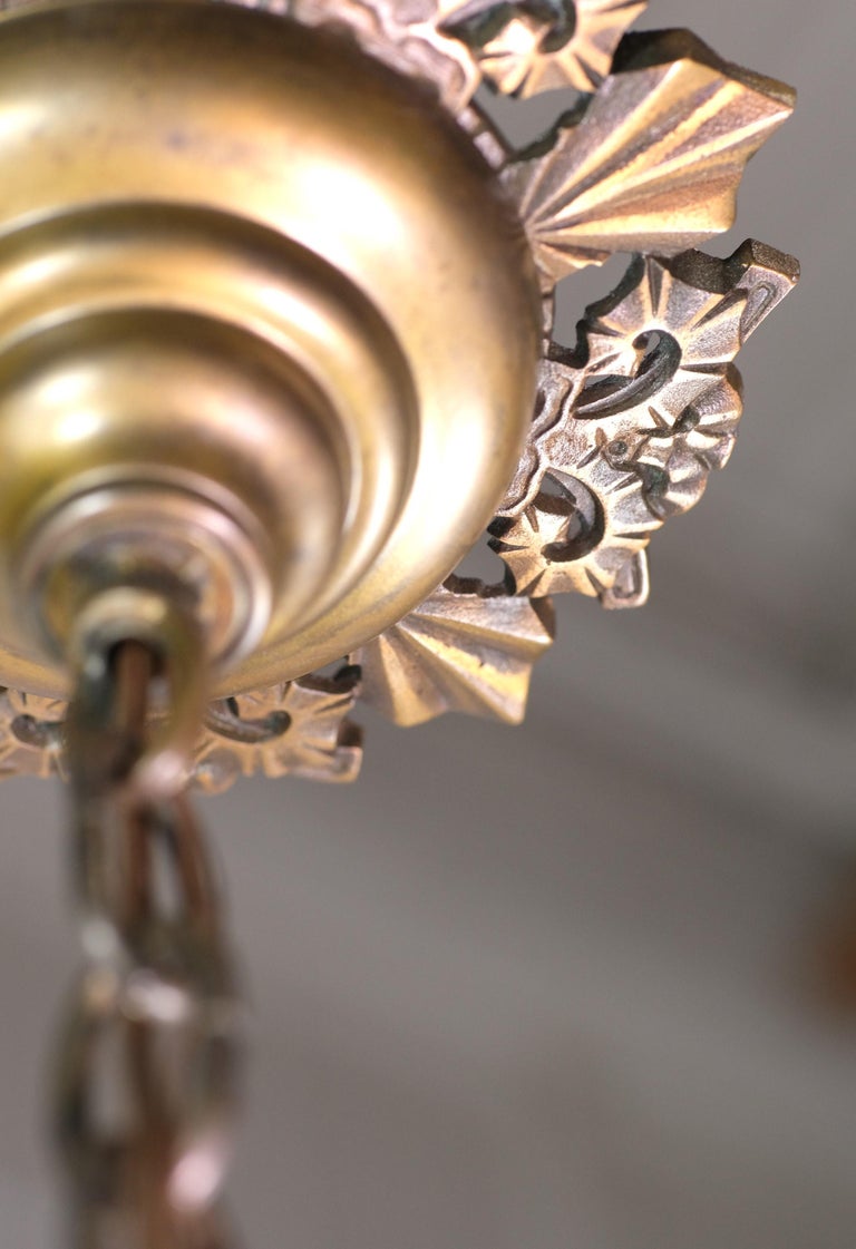 5 Slip Shade Art Deco Bronze Chandelier W/ Floral Motif For Sale at 1stDibs