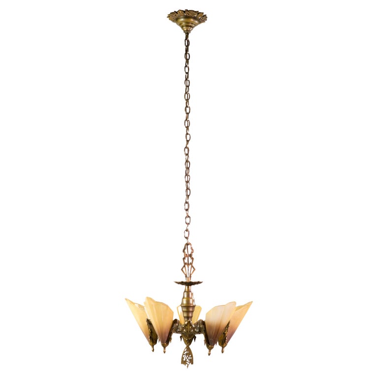 5 Slip Shade Art Deco Bronze Chandelier W/ Floral Motif For Sale at 1stDibs