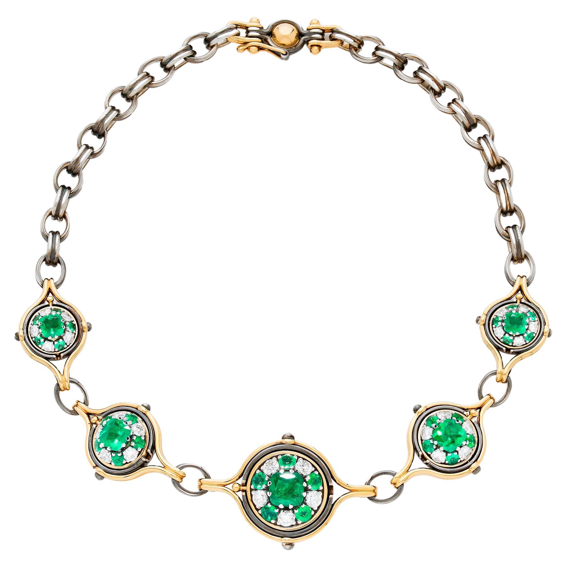 5 Sphere Emerald and Diamond Necklace in Gold and Distressed Silver by ...