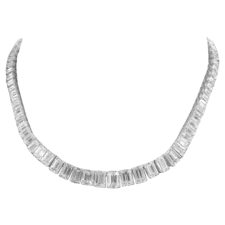50 Carat Emerald Cut Diamond Riviera Necklace set in Solid Platinum For ...