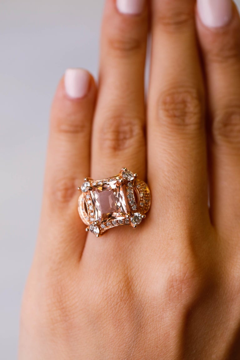 5 tcw Princess Cut Morganite and Diamond Ring in 14k Rose Gold Cocktail ...